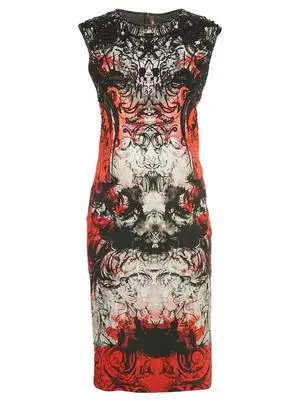 Roberto Cavalli Print Beaded Embellishment Crepe Round Neck Sleeveless Dress - Black