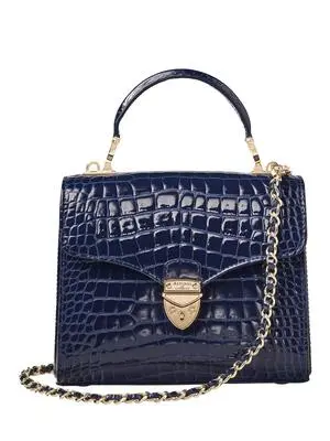 ASPINAL OF LONDON Midi Mayfair Top-Handle Bag In Glossed Croc Effect Leather Blue