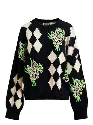Essentiel Antwerp Floral-embellished Check-pattern Sweater - Black