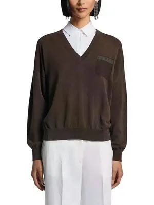 Peserico V-neck Sweater With Chest Pocket - Brown