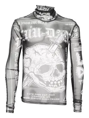 LỰU ĐẠN Skull Print Long Sleeve Mesh Top - Black