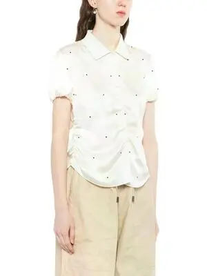 LESS Polka Dot Silk Blouse With Lace Trim - White