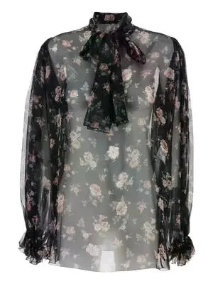Dolce & Gabbana Floral Print Pussy Bow Blouse - Black