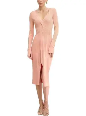 Patrizia Pepe Ribbed V-neck Midi Dress With Front Split - Pink