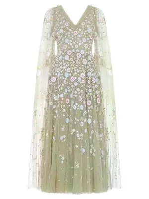 NEEDLE & THREAD Ethereal Blooms Cape-sleeve Floral-print Gown Maxi Dress - Green
