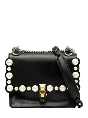 Fendi 2010-2025 Mini Scalloped Leather And Pearls Kan I Crossbody Bag - Black