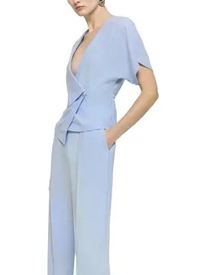 NISSA V-Neck Crepe Top With Button Detailing Blue