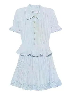 SELF-PORTRAIT Pointelle Peplum Knit Mini Dress - Blue