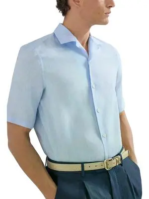 Brunello Cucinelli Linen Easy Fit Short-sleeve Shirt With Camp Collar - Blue