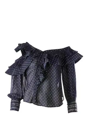 SELF-PORTRAIT Plumetis Frilled One-shoulder Top - Blue