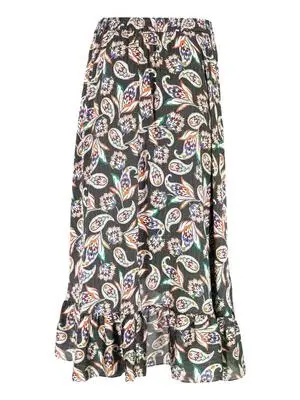 Maje Paisley-print Tiered Ruffle Midi Skirt - Black