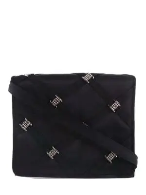 FERRAGAMO Satin Vara Rhinestone Crossbody Bag - Black