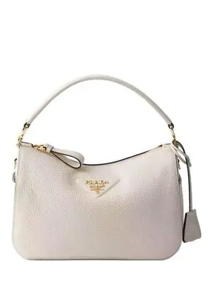 Prada Leather Shoulder Bag With Metal Lettering Logo - Neutrals