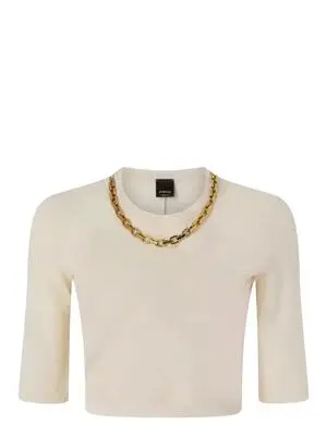 Pinko Cropped Ribbed Cotton T-shirt With Chain Neckline - Neutrals