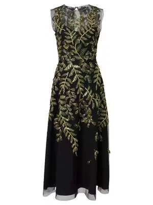 Carolina Herrera Gold Leaf Embroidered Tulle Midi Dress - Black