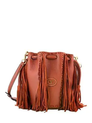 Valentino Garavani Small Bucket Bag In Leather And Suede - Brown
