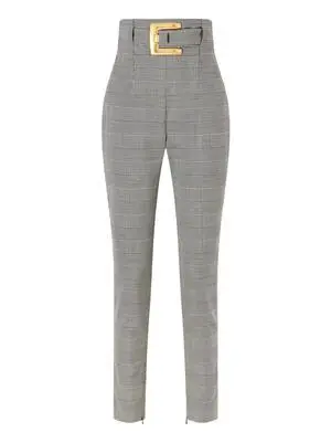 Balmain Belted Prince Of Wales Checked Wool-blend Skinny Pants - Black
