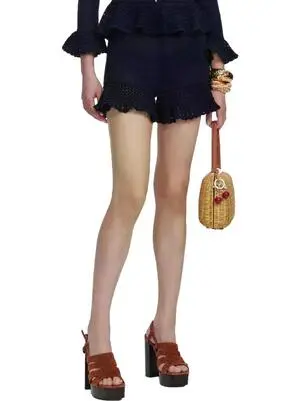 SELF-PORTRAIT Crochet Ruffled Shorts - Blue