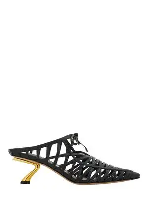 FERRAGAMO S-shaped Heeled Mules With Sculptural Golden Heel - Black