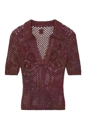 Amiri Floral Crochet Polo Top - Brown