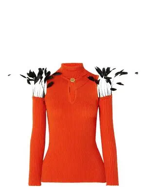 THEBE MAGUGU Convertible Feather-trimmed Cutout Ribbed Wool Turtleneck Sweater - Orange