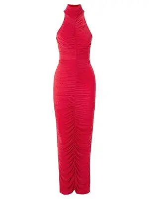 Alex Perry Gabe Crystal-embellished Ruched Stretch-jersey Turtleneck Gown - Red