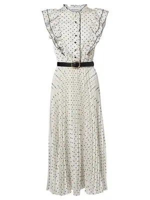 SELF-PORTRAIT Belted Polka Dot Pleated Midi Dress - White