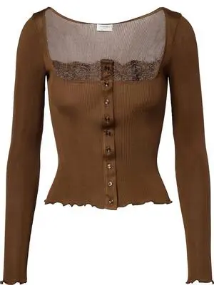 Saint Laurent Lace-trimmed Ribbed Silk Jersey Top - Brown