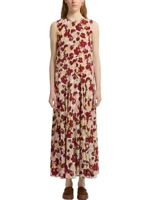 Marni Floral Pleated Silk Maxi Dress - Red