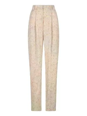 Alessandra Rich Cream Floral Print Pleated Silk Trousers - Neutrals