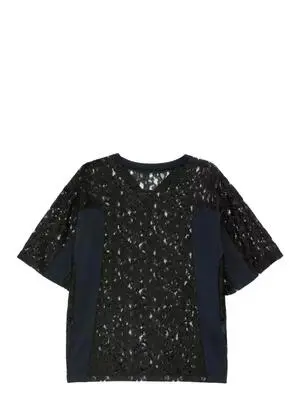 PUSHBUTTON Lace V-neck T-shirt With Logo Patch - Black