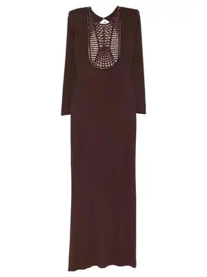 Elisabetta Franchi Long Sleeve Maxi Dress With Geometric Embellishment - Brown