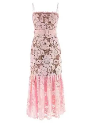 SELF-PORTRAIT Square Neck Lace Midi Dress With Belt - Pink