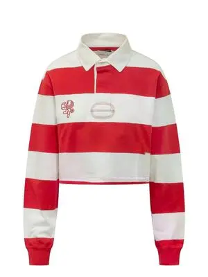 WOC Cropped Striped Long Sleeve Polo Shirt - Red