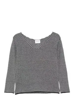 BEYOU Striped V-neck Long Sleeve Sweater - Black