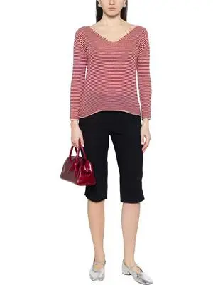 BEYOU Striped V-neck Long-sleeved Sweater - Red