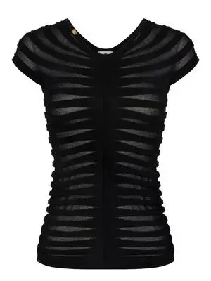 Elisabetta Franchi Ribbed Short Sleeve Top With Golden Logo Detail - Black