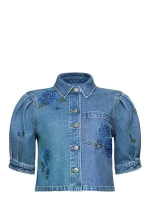 Cinq À Sept Halsie Puff-sleeve Embellished Denim Shirt - Blue