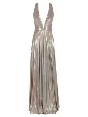 NISSA Metallic Pleated V-neck Maxi Dress - Neutrals
