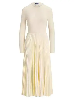 Polo Ralph Lauren Ribbed Knit Pleated Midi Dress - Neutrals