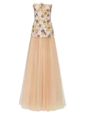 Costarellos Thia Floral-embroidered Strapless Maxi Dress - Neutrals