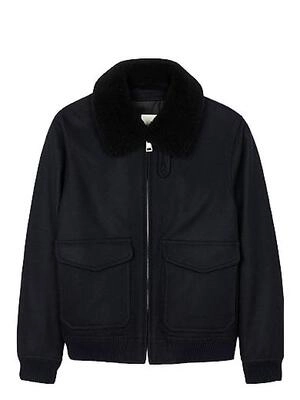 Sandro Shearling-collar Wool-blend Aviator Jacket - Navy Blue