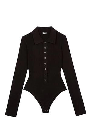 The Kooples Polo-collar Ribbed Knit Bodysuit - Black