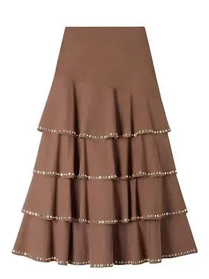 Sandro Embellished Tiered Cotton Maxi Skirt - Brown