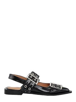 GANNI Buckle-embellished Leather Slingback Ballet Flats - Black