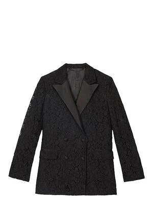 The Kooples Lace Embroidered Notched Lapel Woven Blazer - Black