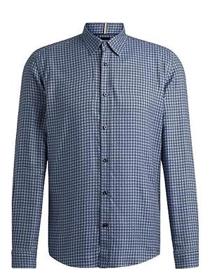 BOSS Regular-fit Geometric-print Chambray Shirt - Navy