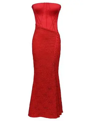 House Of Cb Valerie Strapless Satin And Lace Maxi Dress - Red