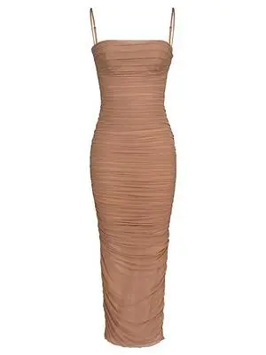 House Of Cb Ruched Stretch-mesh Maxi Dress - Tan