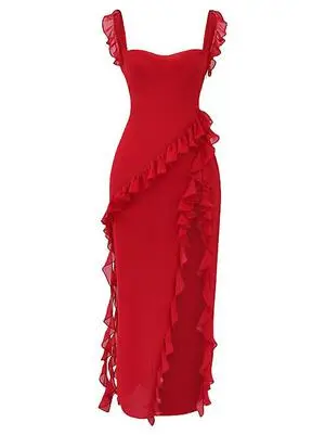 House Of Cb Ruffle-trim Woven Maxi Dress - Cherry